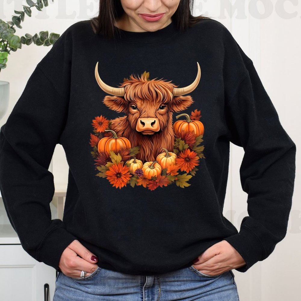 Highland Cow And Leaves Pumpkins Western Autumn Thank… - Gem